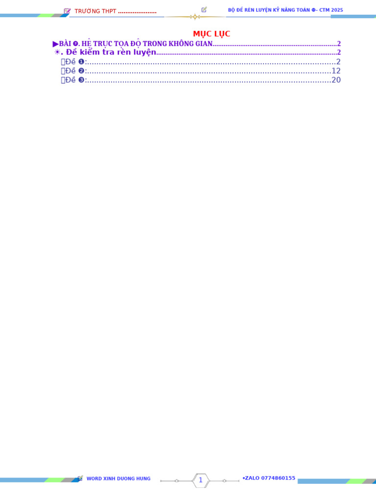 ☀. Đề kiểm tra rèn luyện: Bài - H Tr C T A Đ Trong Không Gian | PDF
