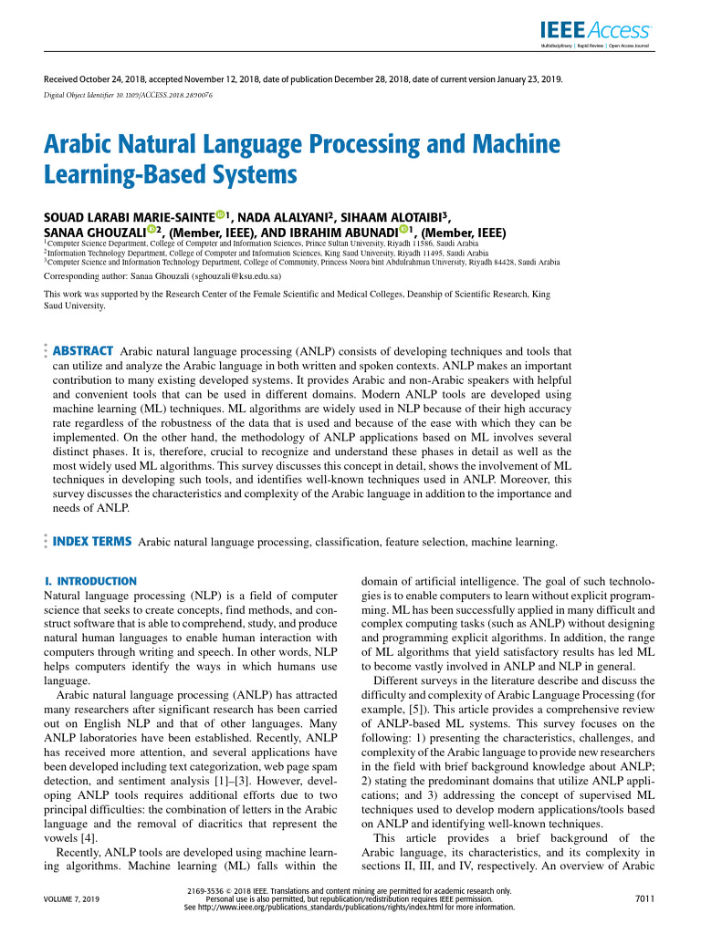 Arabic Natural Language Processing and Machine Learning-Based Systems | PDF | Machine Learning ...