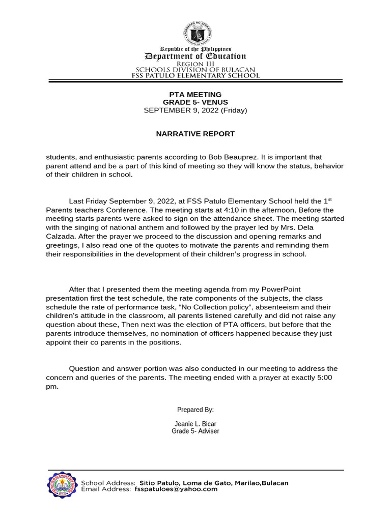 Grade 5 PTA Meeting Report - Sept 2022 | PDF