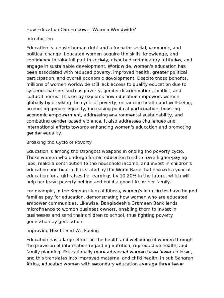 Essay-How Can Education Empower Women Globally | PDF | Woman | Poverty
