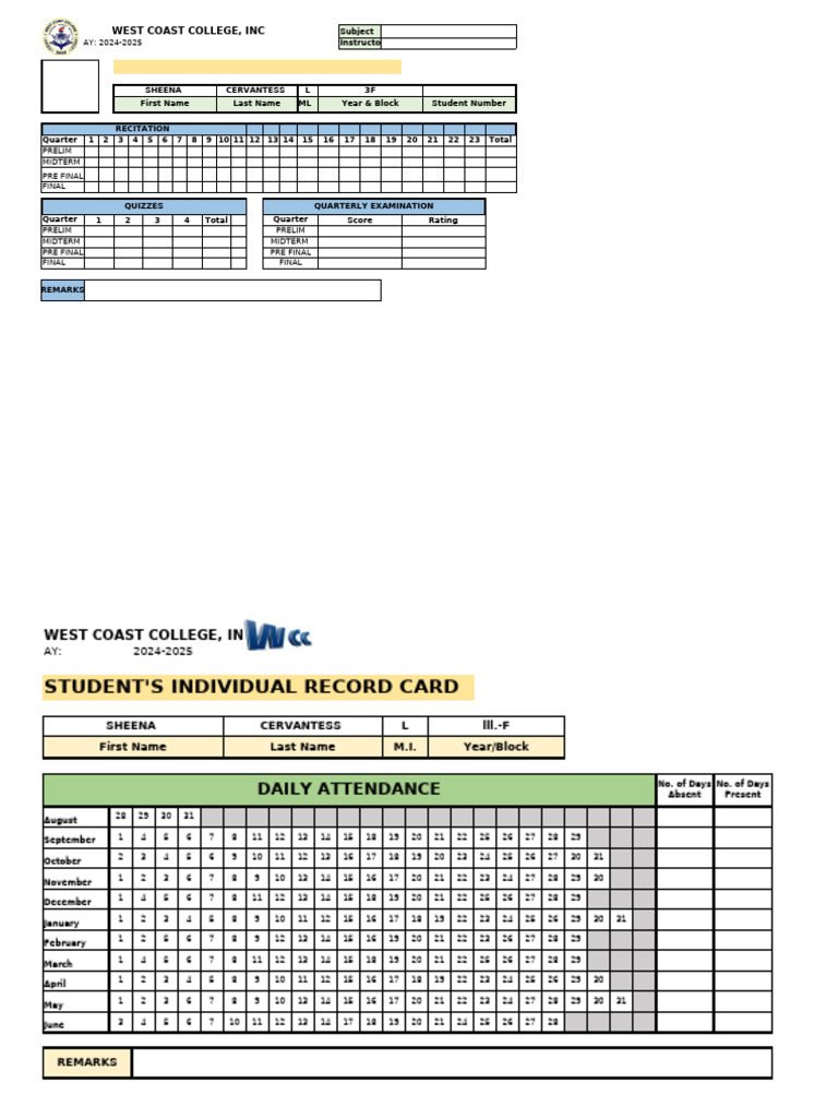Learner's Individual Record Card (Excel) 2 | PDF