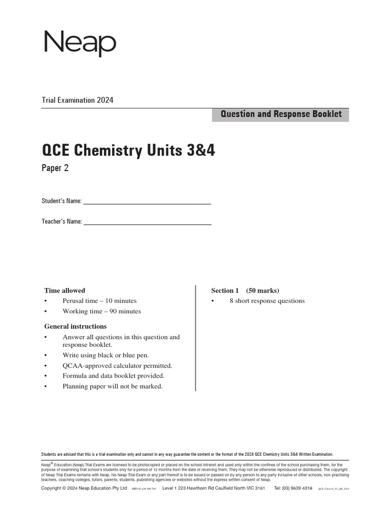 QCE Chemistry Units 3&4 Paper 2 Question and Response Booklet 2024 ...