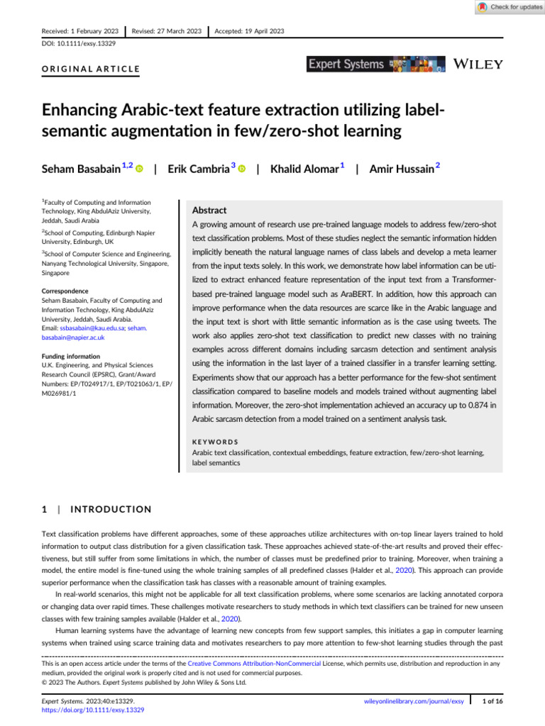 Expert Systems - 2023 - Basabain - Enhancing Arabic Text Feature Extraction Utilizing Label ...
