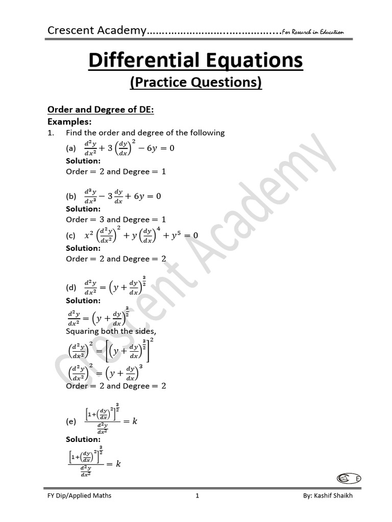 Soln DE practice questions MSBTE | PDF | Subtraction | Algebra