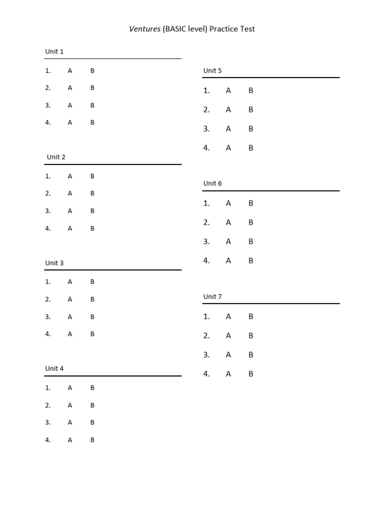 Answer Sheet Ventures BASIC Practice Test | PDF