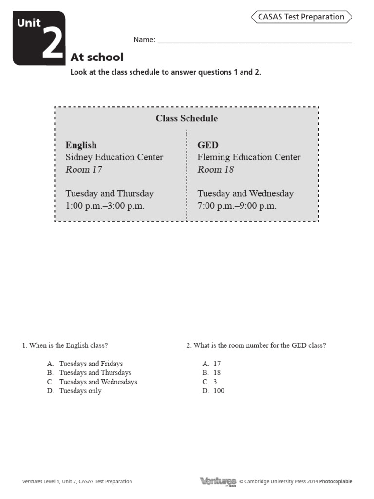 Ventures Level 1 Unit 2 CASAS Test Prep | PDF