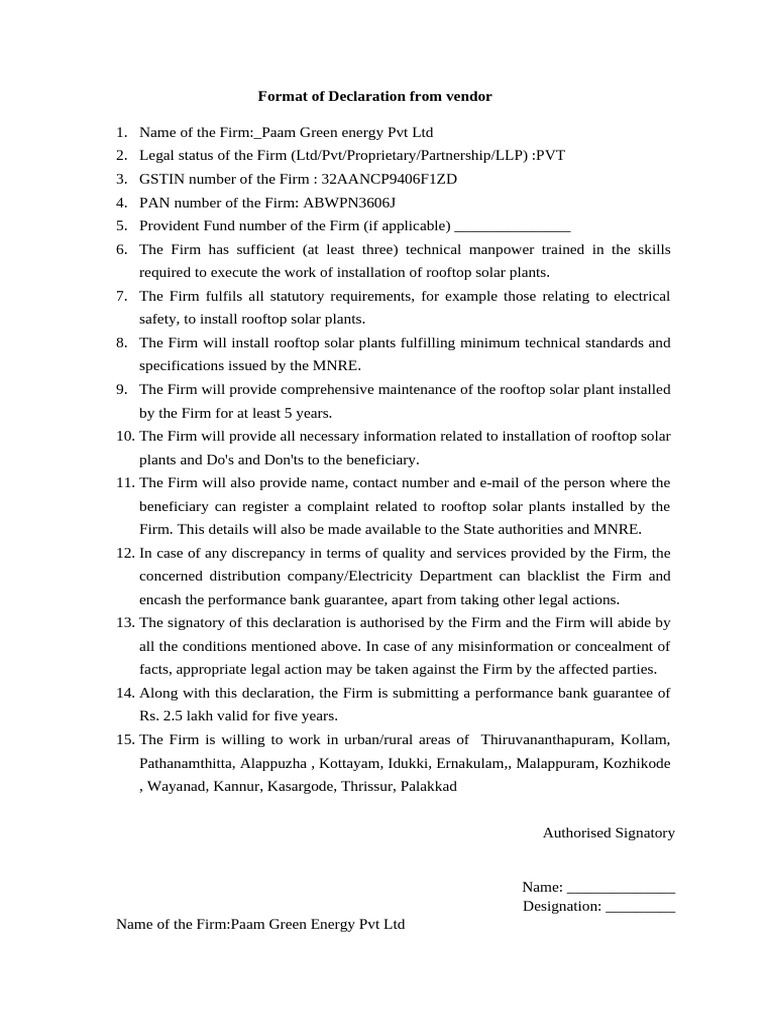 Format of Declaration from vendor 02 | PDF