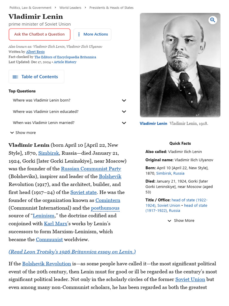 Vladimir Lenin - Biography, Facts, & Ideology - Britannica | PDF ...