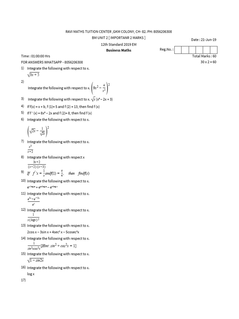 Namma Kalvi 12th BM Chapter 2 Important Questions em 215801 | PDF
