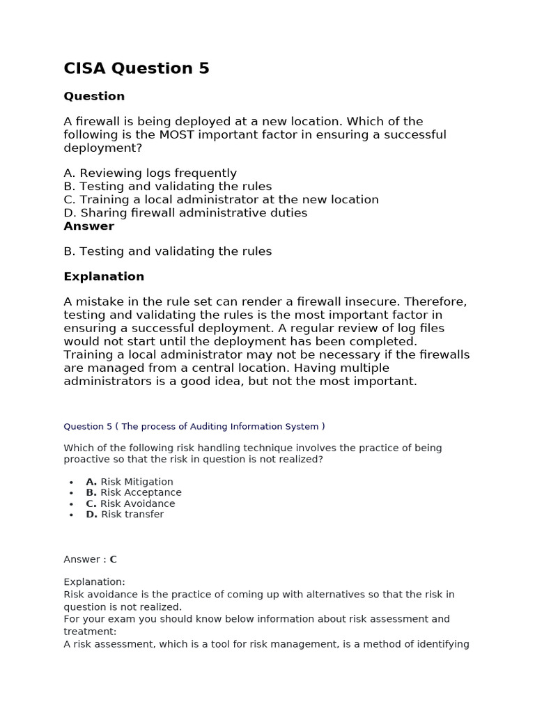 CISA Question 5 - Answ - Explenation - 1 | PDF | Risk | Insurance