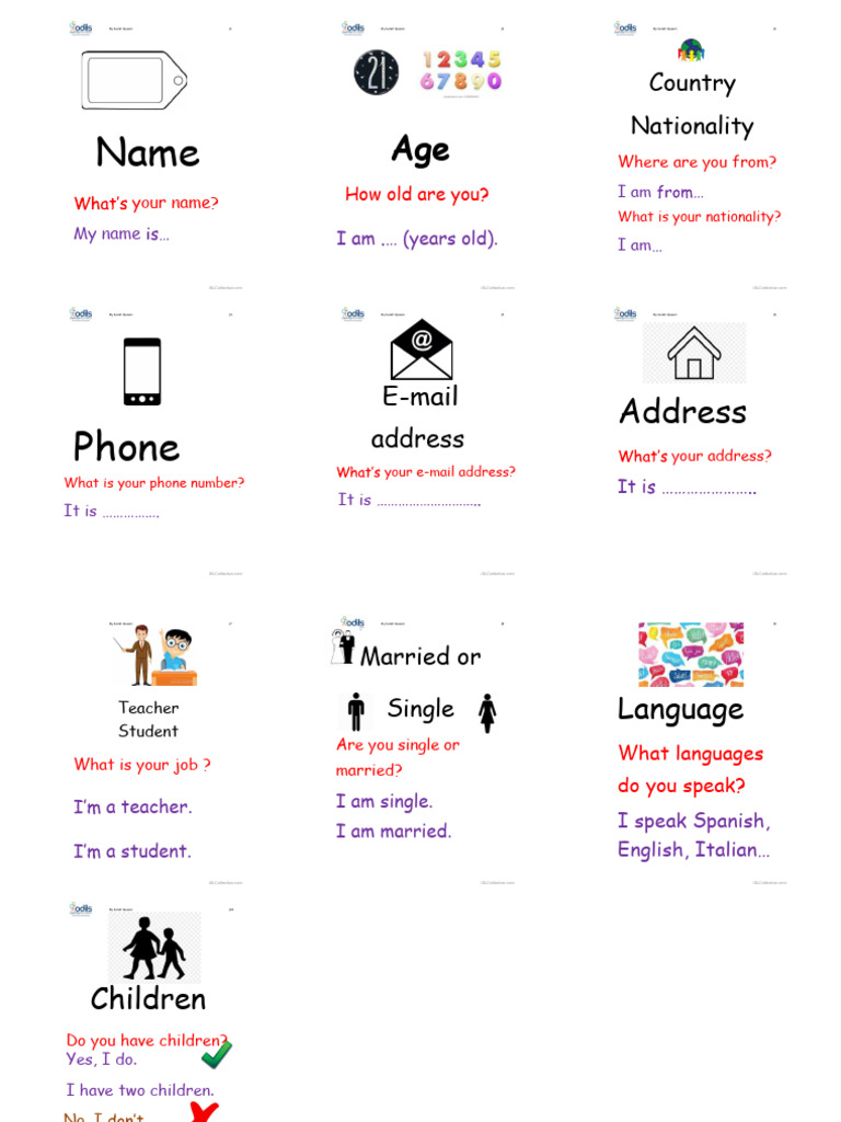 Personal Information Beginner Flash Cards (2) | PDF