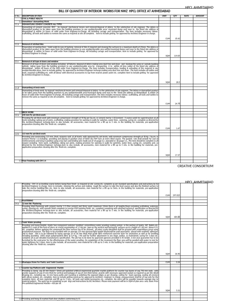 BOQ Civil, Interior Electrical | PDF | Brick | Countertop