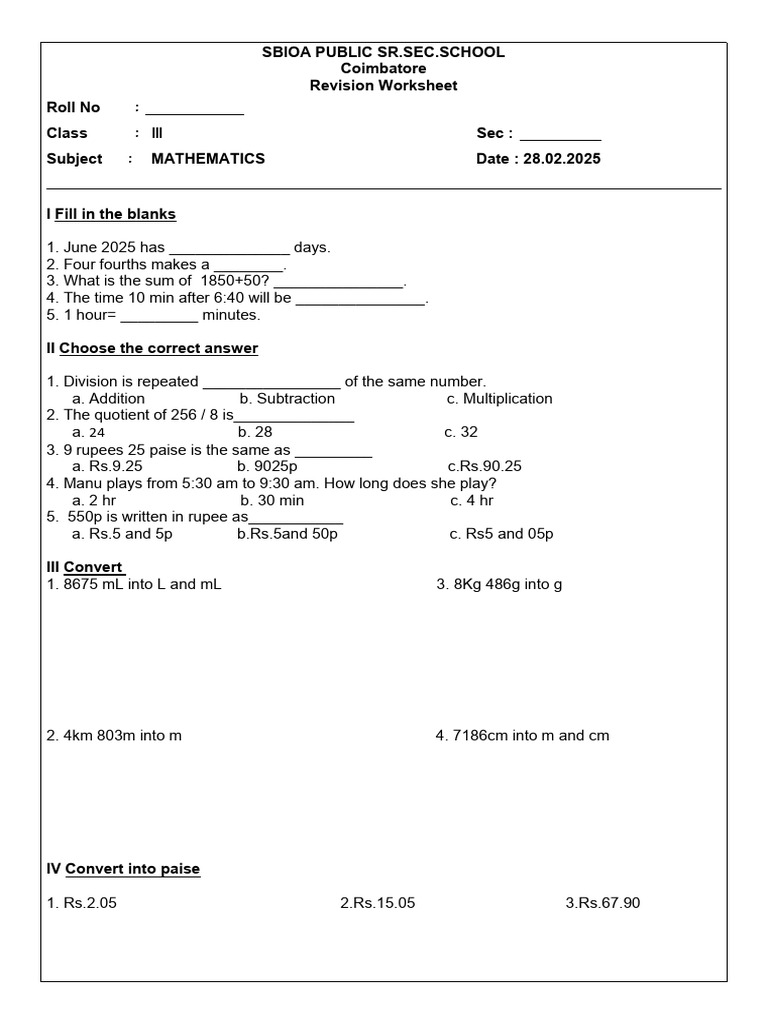 Class III Mathematics Revision Worksheet | PDF
