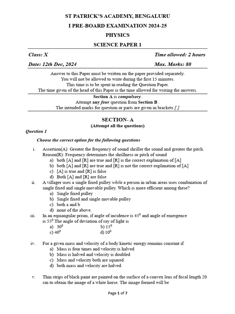 Class X - PHY - Pre Board Examination-1 Final Copy-2024-25 | PDF | Atoms | Electron