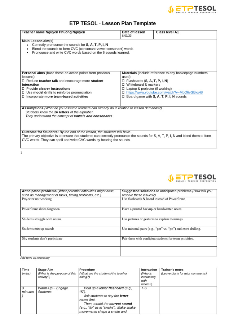 ETP TESOL - Lesson Plan Stapin - Sounds | PDF | English As A Second Or ...