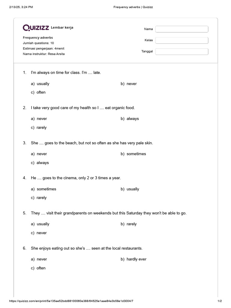 Frequency Adverbs Quiz Worksheet | PDF