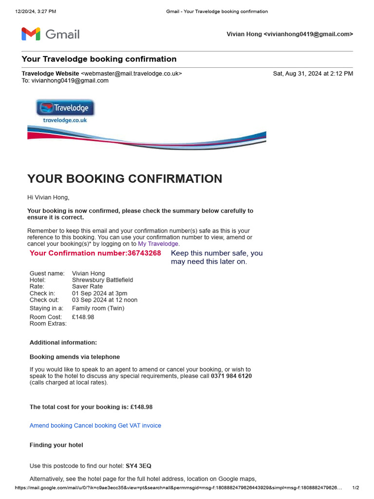Appendix-Travelodge Shrewsbury Booking Confirmation | PDF