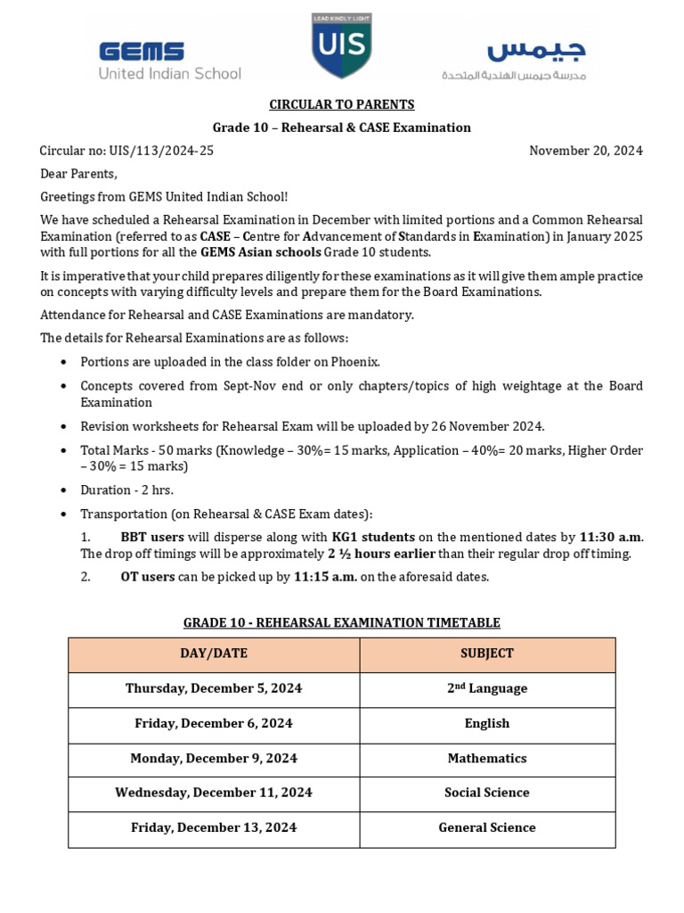Grade 10 - Rehearsal & CASE Examination | PDF | Educational Stages