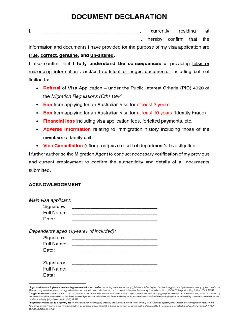 Visa Application Declaration Form | PDF | Travel Visa