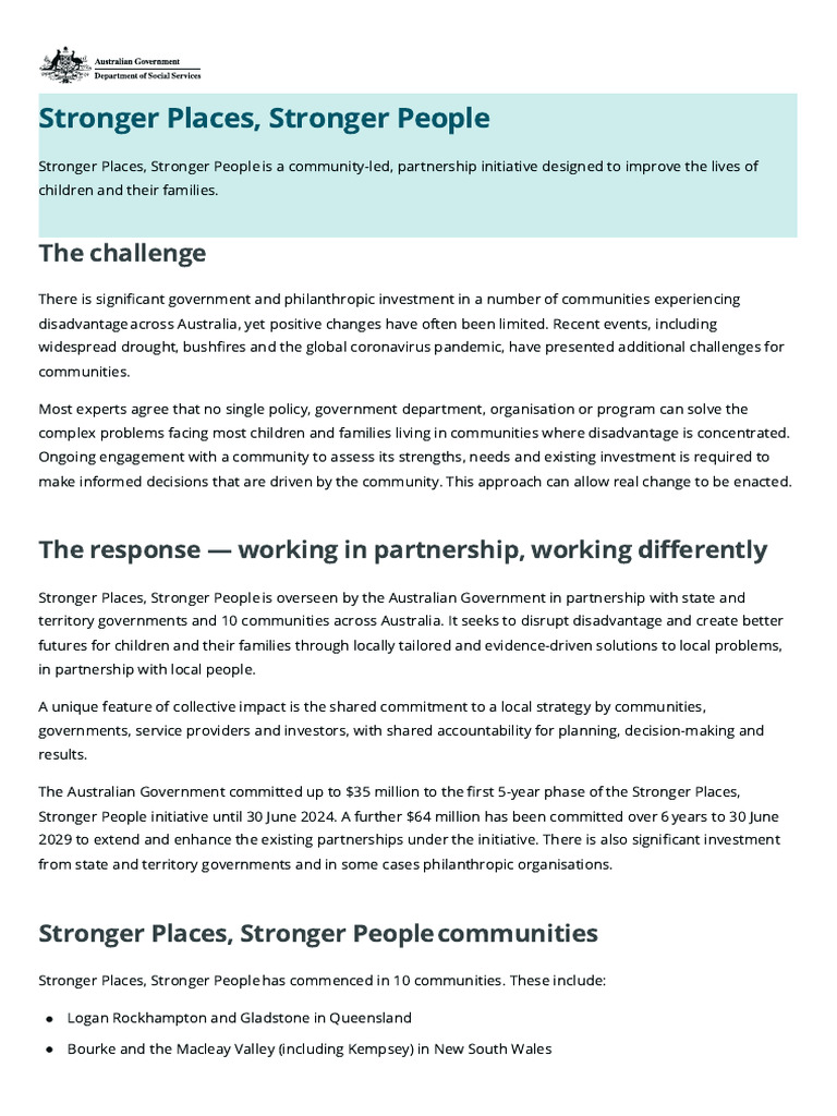 Stronger Places, Stronger People Initiative | PDF | Australia | Investing
