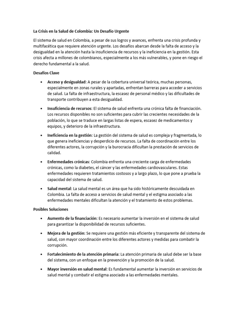 Crisis de Salud en Colombia: Desafíos y Soluciones | PDF | Salud mental ...