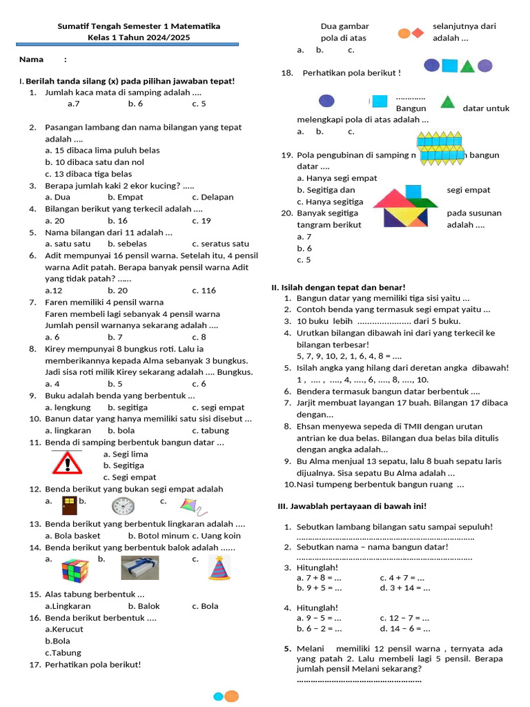 Soal Sumatif MTK Kelas1 | PDF