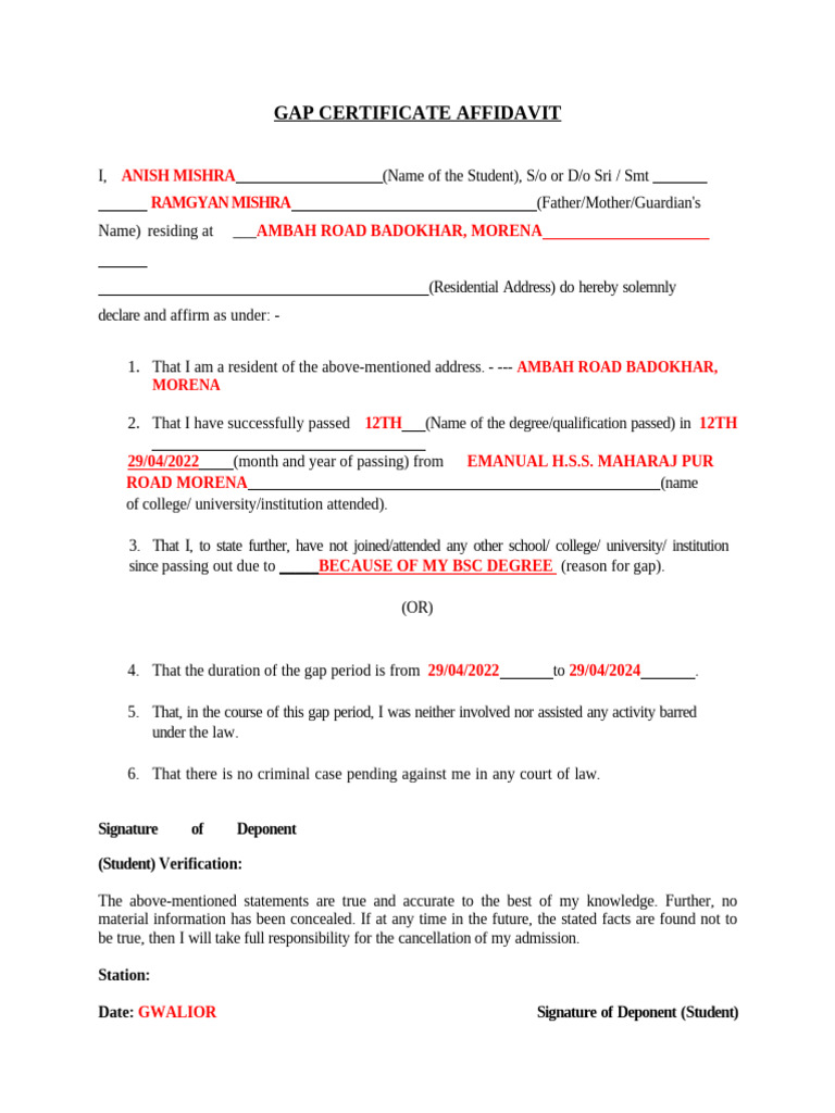Education GAP CERTIFICATE AFFIDAVIT | PDF