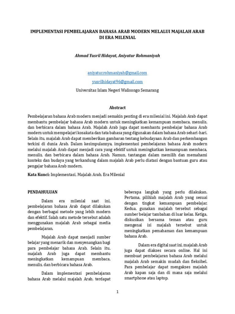 Implemetasi Pembelajaran Bahasa Arab Modern Melalui Majalah Arab Diera Milenial | PDF