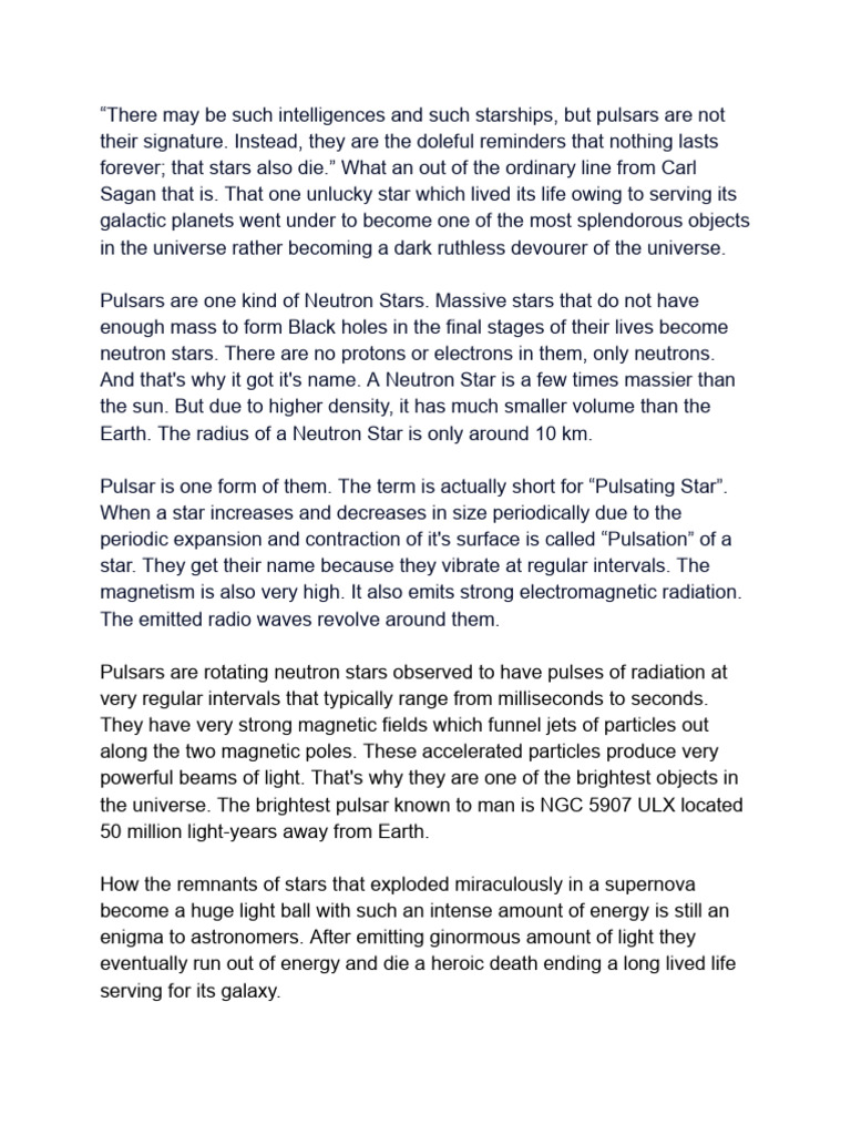 Understanding Pulsars: Neutron Stars Explained | PDF
