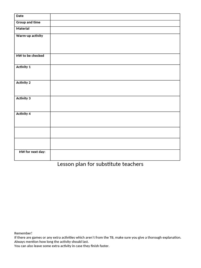 Substitute Teacher Lesson Plan Guide | PDF