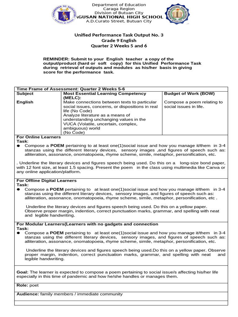 Grade 9 English Poetry Task Guide | PDF | Poetry | Writing