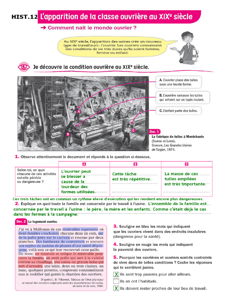 CM2 HIST 12 CLASSE OUVRIERE Fiche 1 Corr | PDF