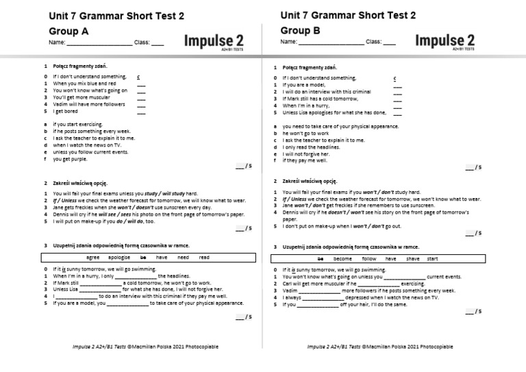 Unit 7 Grammar Short Test 2 A+b | PDF