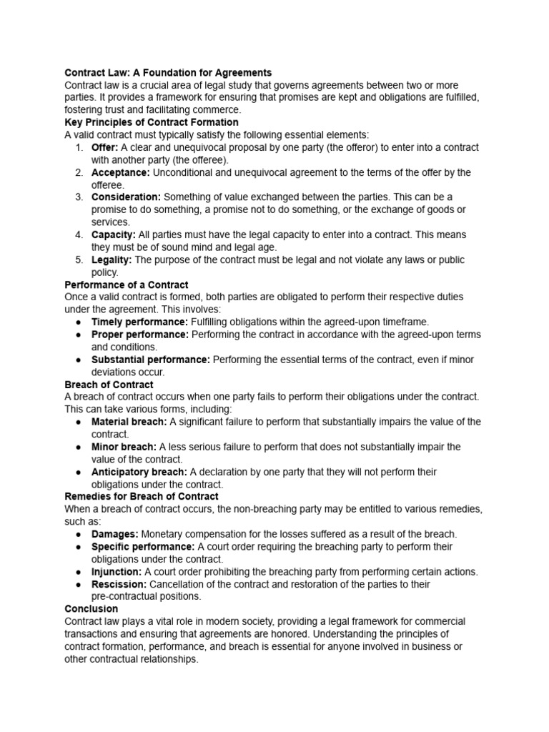 Key Principles Of Contract Law Pdf Breach Of Contract Offer And
