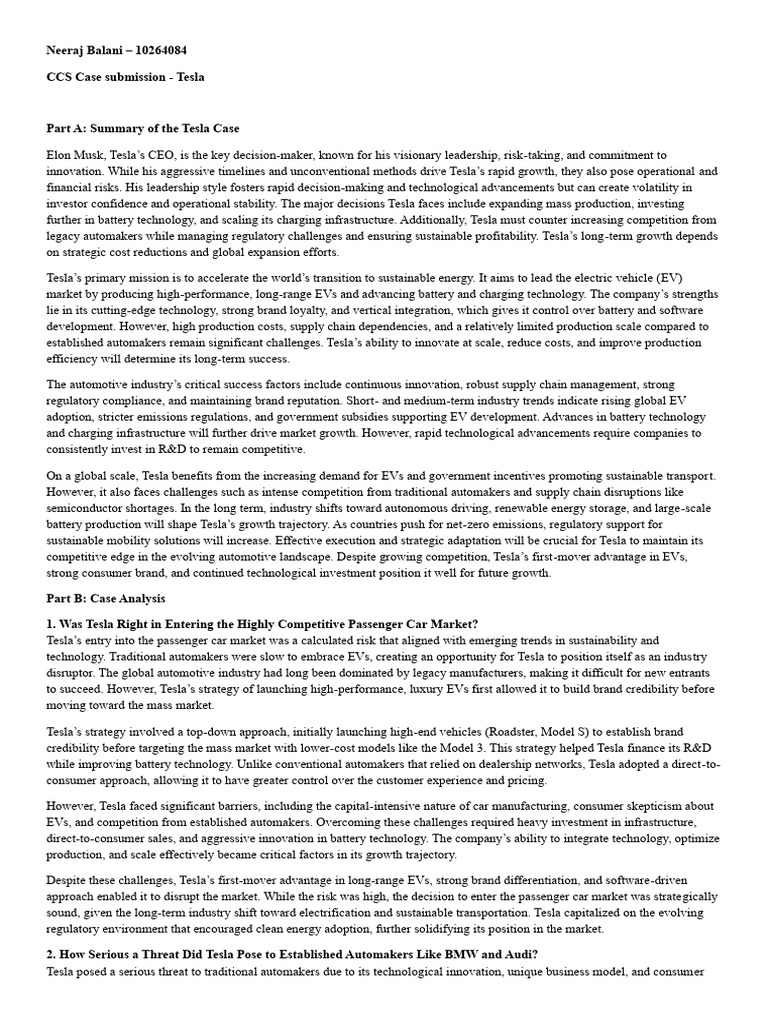 Tesla's Strategic Case Analysis and Challenges | PDF | Electric Vehicle ...