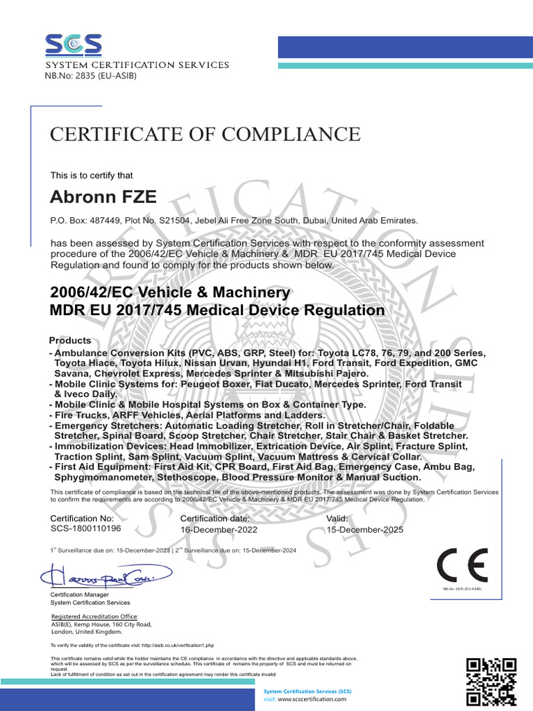 Abronn FZE CE Certificate | PDF | First Aid | Medical Device