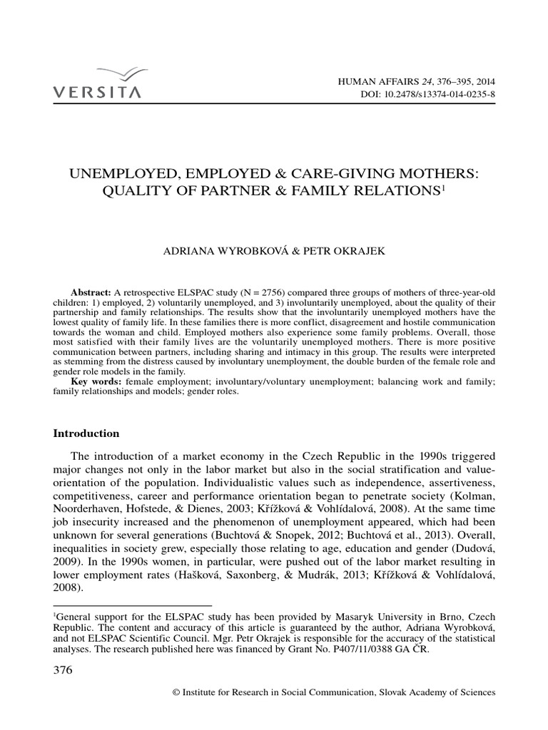 Unemployed, Employed & Care-Giving Mothers: Quality of Partner & Family ...
