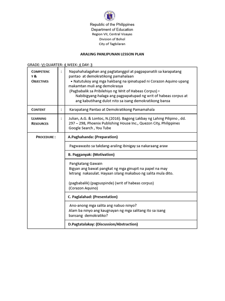 Araling Panlipunan Lesson Plan: Ompetenc Y Bjectives | PDF