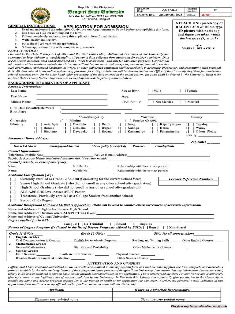 Application For Admission Form | PDF