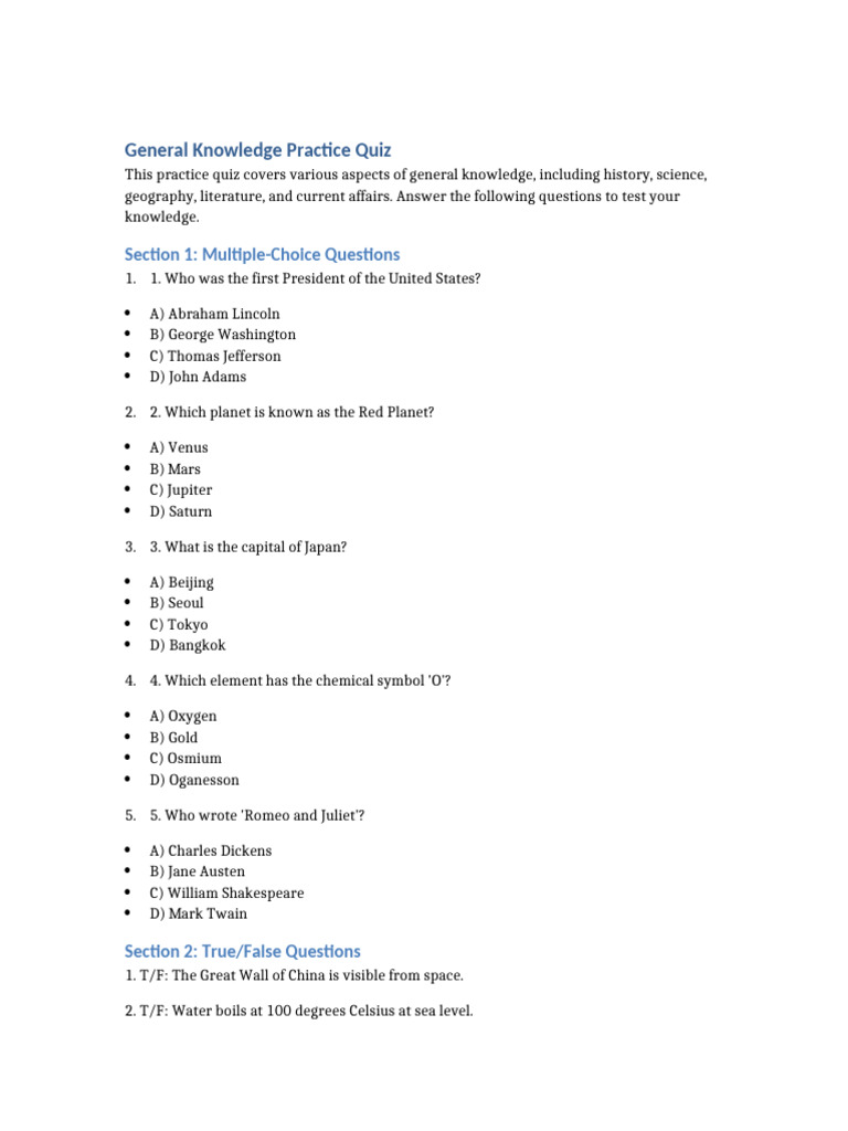 General Knowledge Practice Quiz | PDF