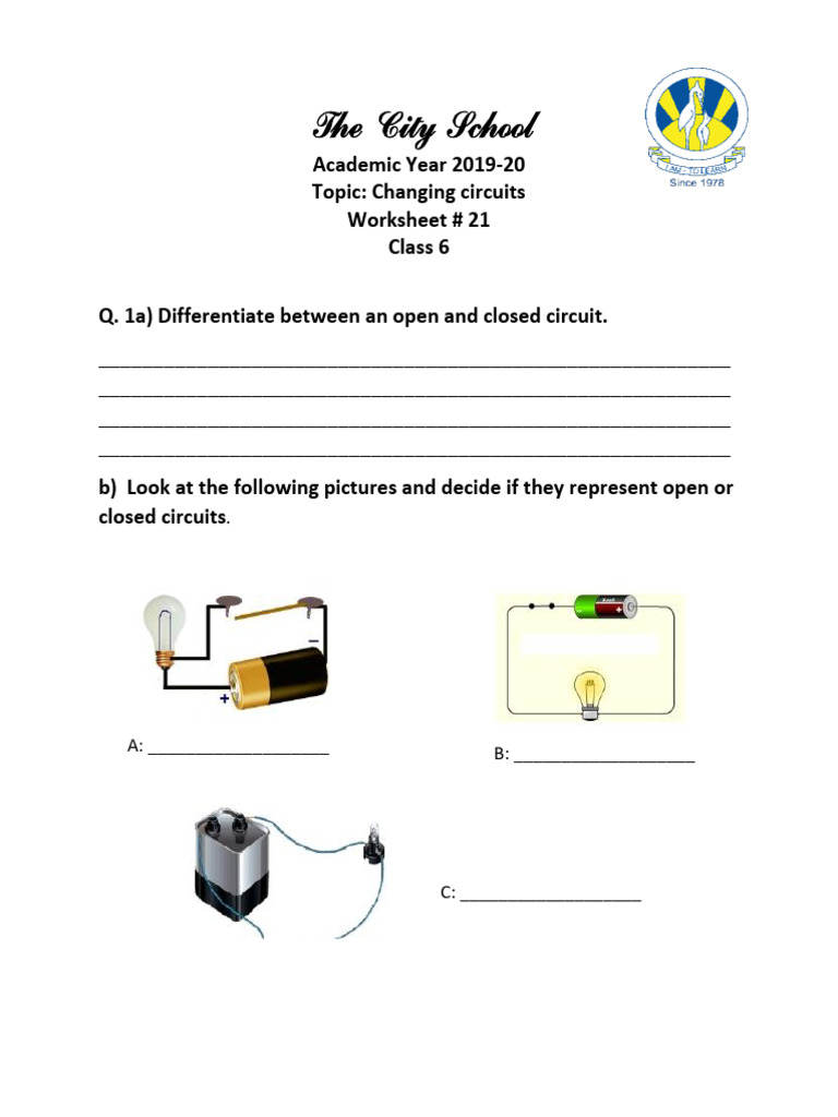 Class 6 Worksheet: Open vs Closed Circuits | PDF
