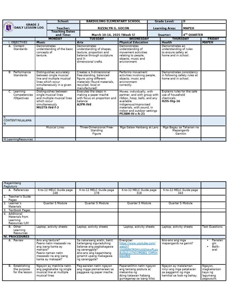 DLL MAPeH-2 Q4W5 | PDF