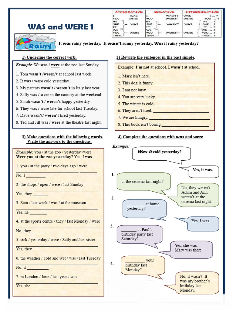 Past Simple: WAS vs. WERE Exercises | PDF