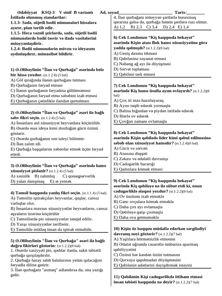 5-Ci Sinif ƏDƏBİYYAT KSQ-3 B Variantı | PDF