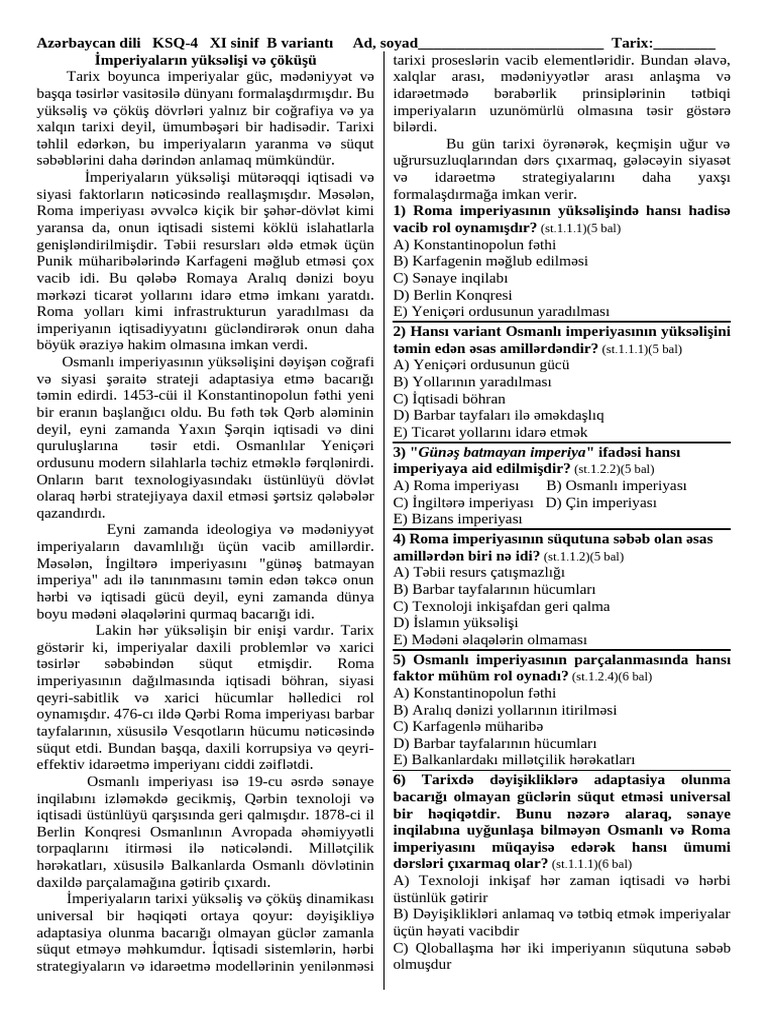 Azərbaycan Dili XI Sinif KSQ-4 B Variantı 2024-2025 | PDF