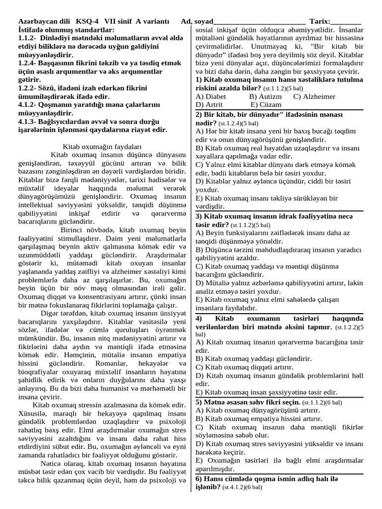 7-Ci Sinif Azərbaycan Dili KSQ-4 A Variantı Adi | PDF