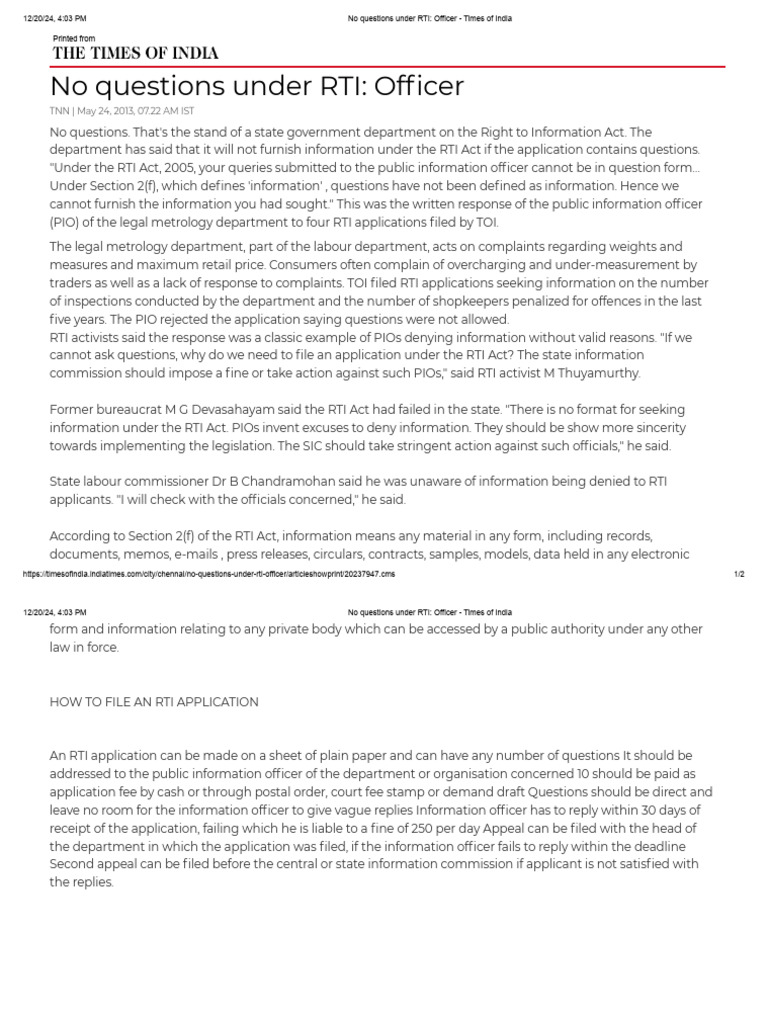 No questions under RTI_ Officer - Times of India | PDF | Justice | Crime & Violence