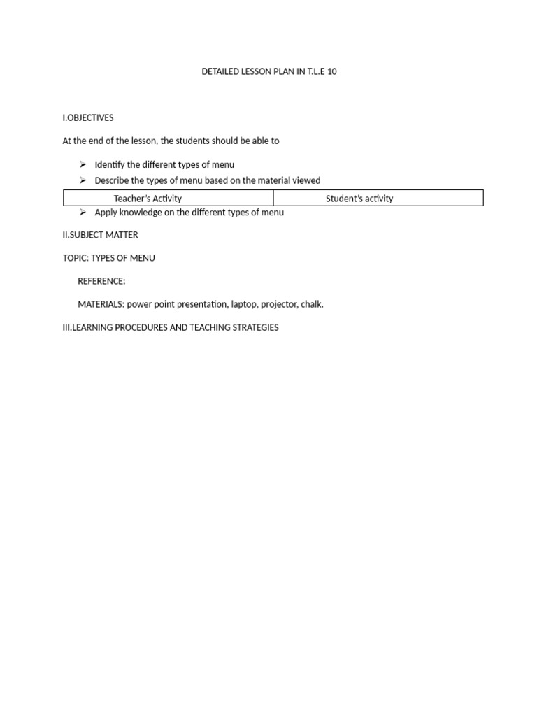 Tle 10 Lesson Plan | PDF | Menu | Cuisine