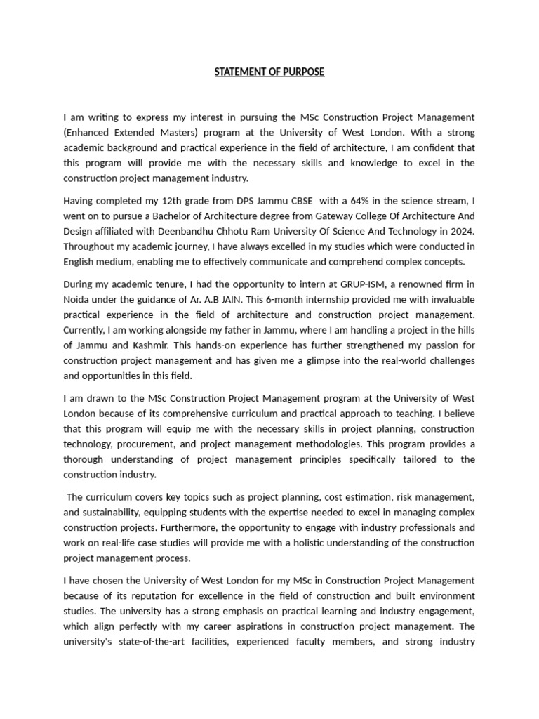 MSc Construction Project Management SOP | PDF | University | Project ...