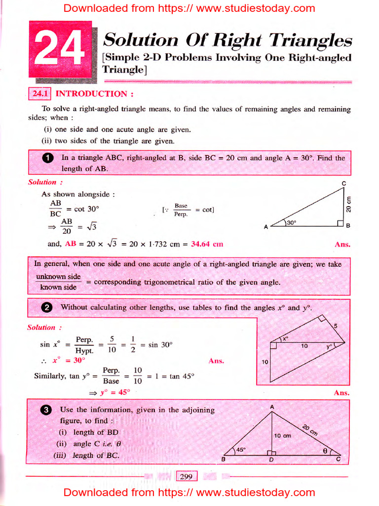 ICSE Class 9 Maths Chapter 24 Solution of Right Triangles | PDF